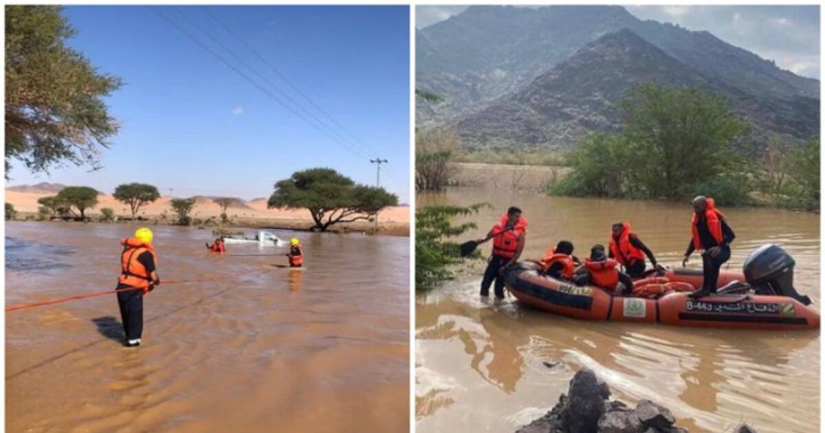 സൗദി അറേബ്യയില്‍ വെള്ളക്കെട്ടിൽ കുടുങ്ങിയ നാലുപേരെ സിവിൽ ഡിഫൻസ് ...