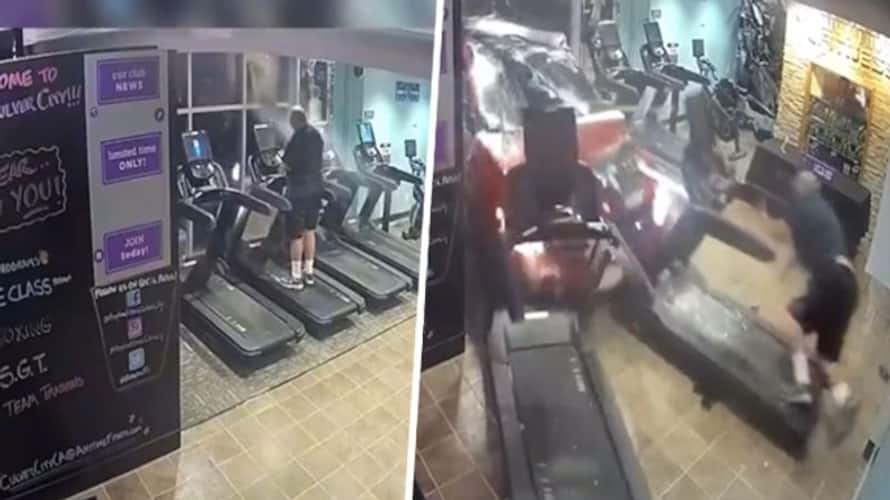 Speeding car crashes into a gym, hits man on treadmill; horrifying ...