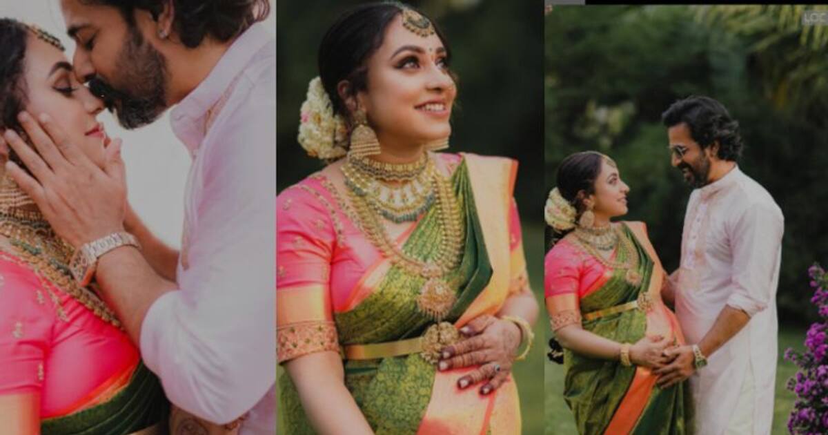 Pearle Maaney looks gorgeous in silk saree in her Valaikappu ceremony ...