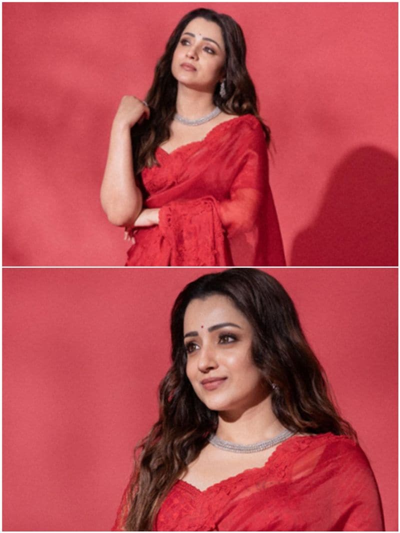 Leo actress Trisha Krishnan stuns in red saree at film's success meet