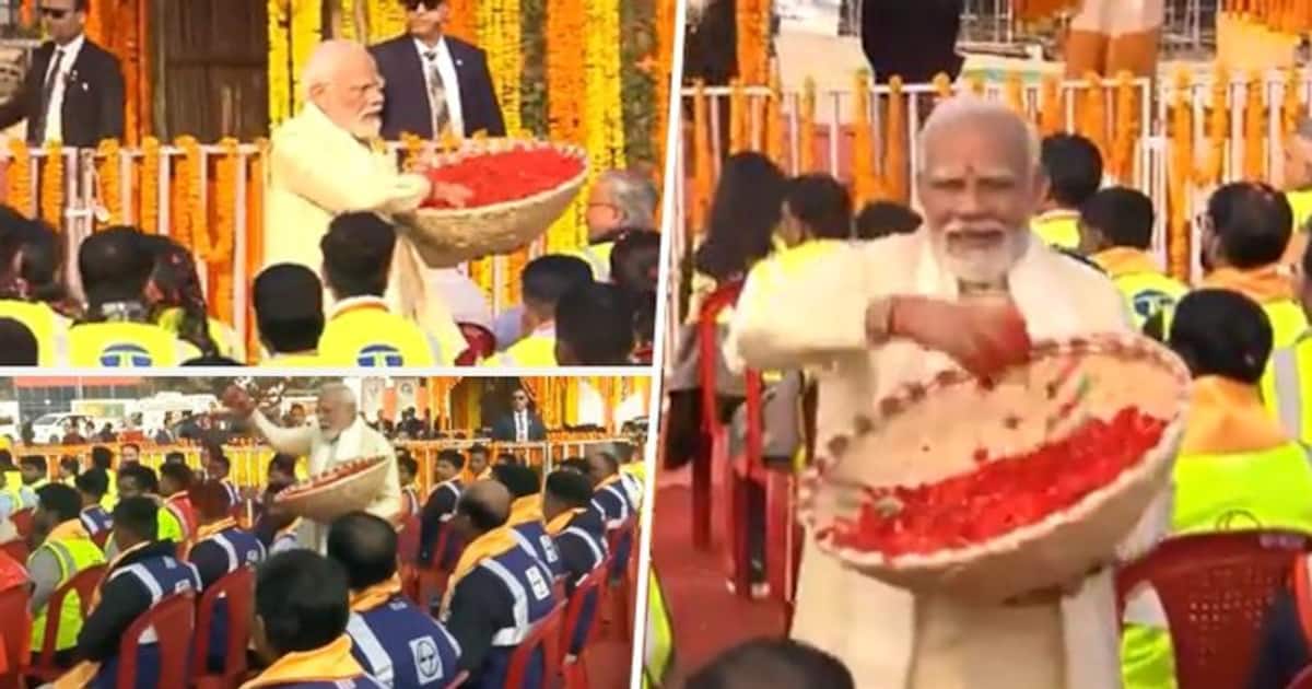 PM Modi honours Ayodhya Ram Mandir's construction workers with flower petals; video wins hearts ...