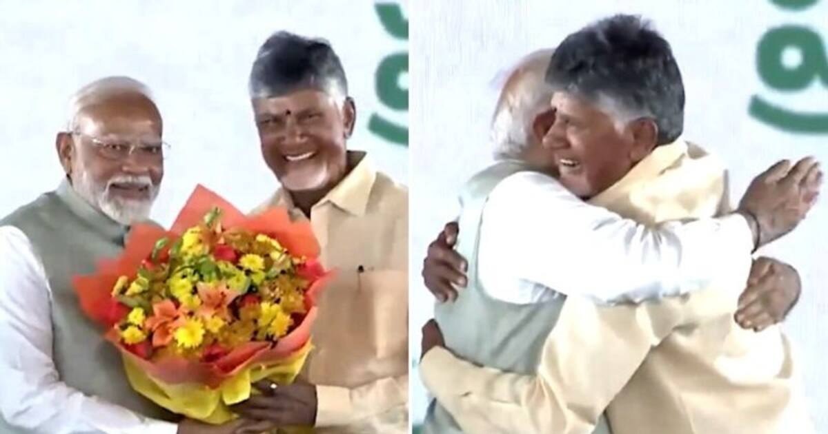 Chandrababu Naidu tries touching PM Modi's feet after taking oath as AP CM, gets warm hug ...