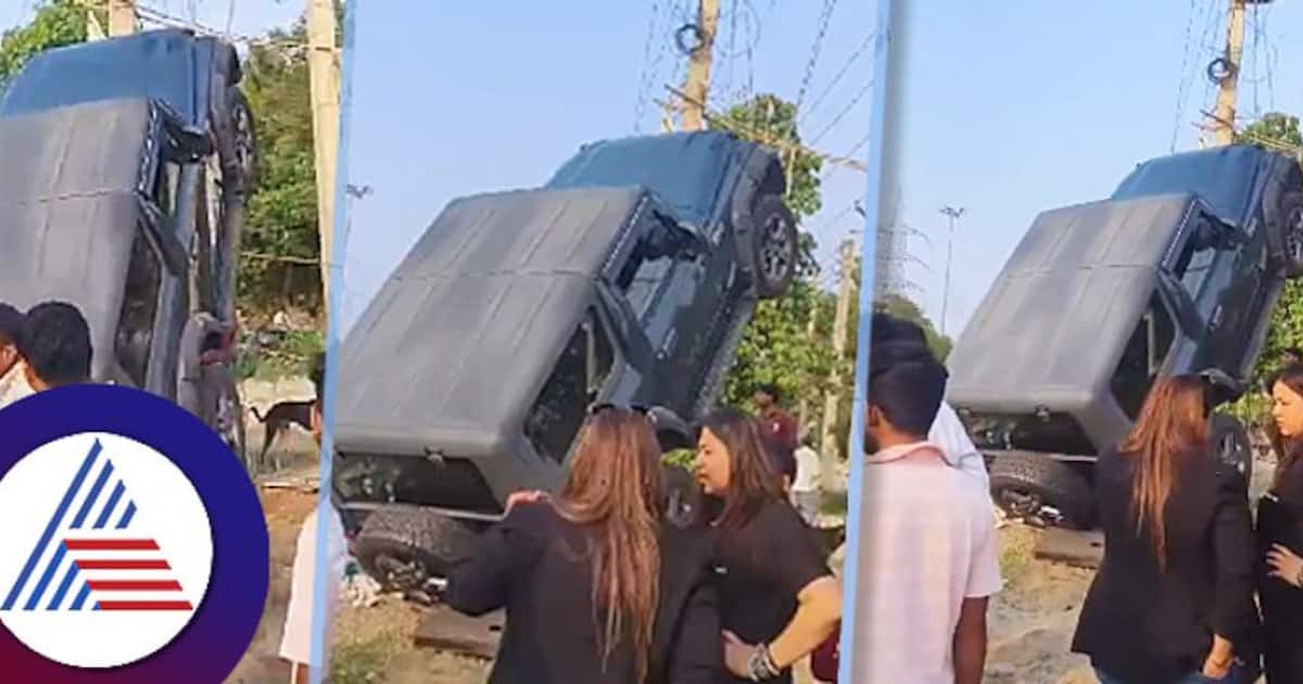 Video Mahindra thar drives up Electric pole after accident