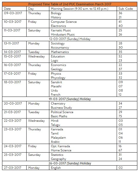Second PU exam time table announced
